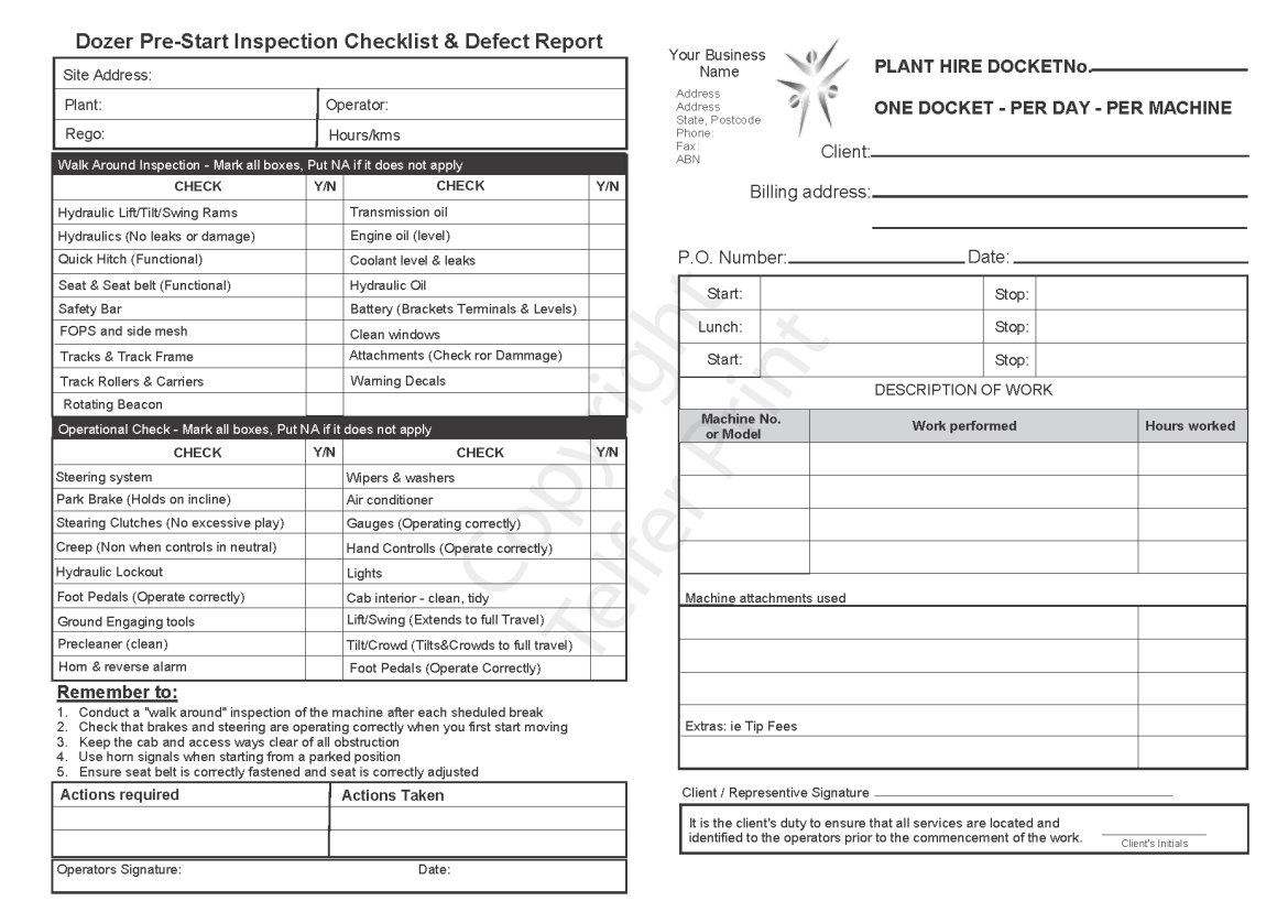Dozer Prestart Checklist Docket Combination A4 002