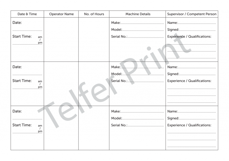 Skid-Steer Pre-Start Checklist Book A5 (Pre-printed)